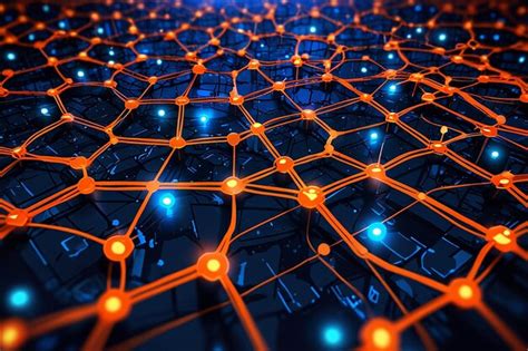 Futuristic Abstract Blue Network Grid With Glowing Orange Nodes Symbolizing Hightech