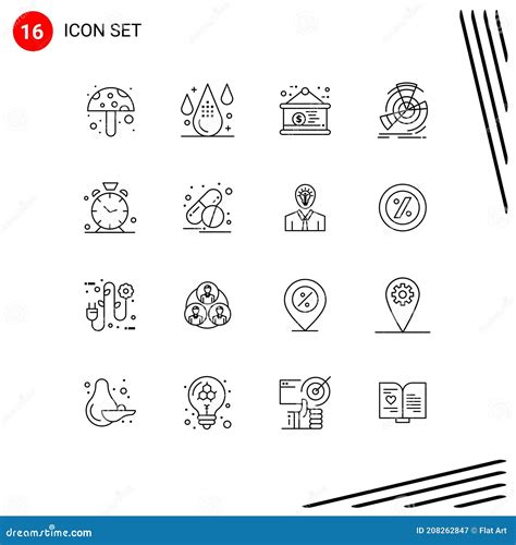 16 Universal Outline Signs Symbols Of Alarm Point Board Performance Data Stock Vector