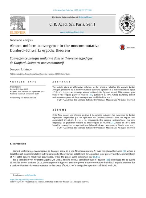 Pdf On The Almost Uniform Convergence In Noncommutative Dunford Schwartz Ergodic Theorem