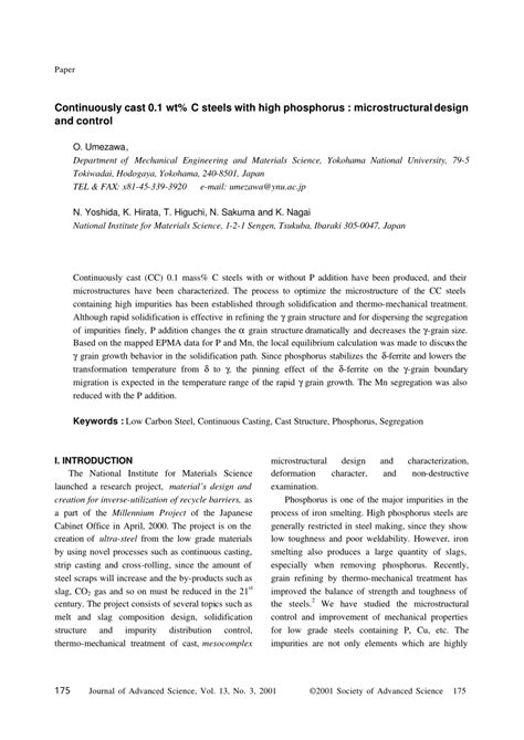 Pdf Continuously Cast 0 1 Wt C Steels With High Phosphorus Microstructural Design And Control