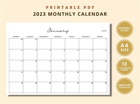 2023 Monthly Calendar Landscape Calendar Template Printable Etsy