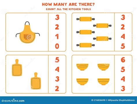 Counting Game With Kitchen Utensils Math Worksheet Stock Vector
