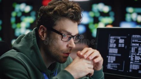 Tired Coder Working Computer At Night Datacenter Closeup Man Wearing