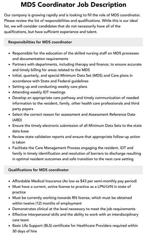 Mds Coordinator Job Description Velvet Jobs