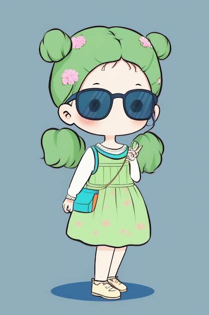 선글라스를 쓴 만화 꼬마 소녀 아주 잘생기고 멋지고 귀여운 카와이 애니메이션 스타일 프리미엄 사진