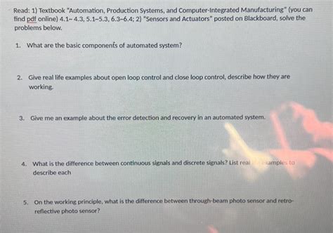 solved read 1 textbook automation production systems