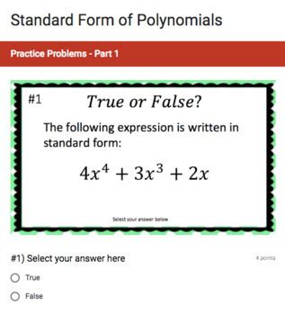Standard Form Of Polynomials Google Form Interactive Video Lesson