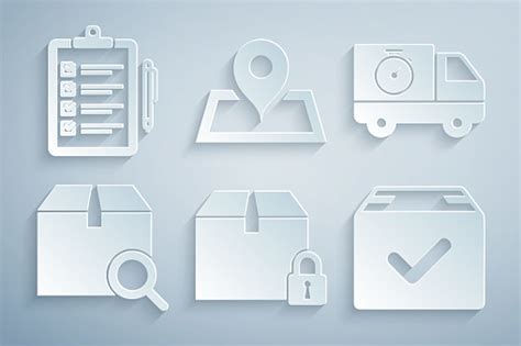 잠긴 패키지 배달 트럭 및 스톱워치 검색 확인 표시가 있는 패키지 상자 지도의 자리 표시자 및 배달 목록 확인 아이콘을