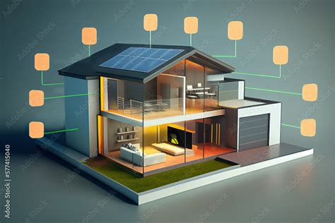 Smart House With Solar Panels Sketch In D With Infographics Project Of Home With Security