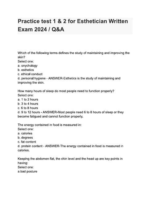 Practice Test 1 And 2 For Esthetician Written Exam Questions And Verified Answers 100 Correct