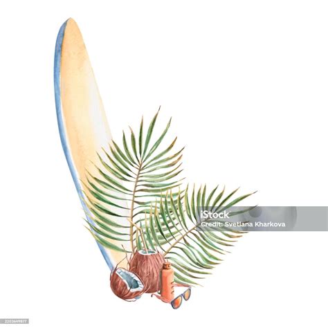 서핑 보드 코코넛 및 야자 잎으로 구성 여름 휴가 속성의 고립 된 수채화 그림 엽서 디자인 여름 레스토랑 디자인 관광 브로셔