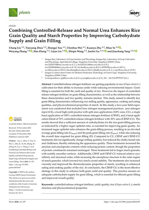 Pdf Combining Controlled Release And Normal Urea Enhances Rice Grain Quality And Starch