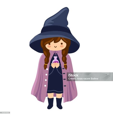 귀여운 작은 마녀 소녀 만화 캐릭터 마법의 물약을 들고 큰 모자를 쓴 마법사 벡터 손으로 그린 그림입니다 마녀에 대한 스톡 벡터 아트 및 기타 이미지 Istock