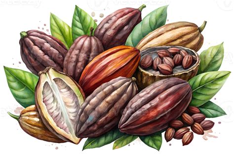 Watercolor Hand Drawn Cocoa Beans With Leaves Stems 51441919 Png