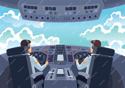 Premium Vector Airplane Cockpit Pilots Back View Of Cabin Crew Flying