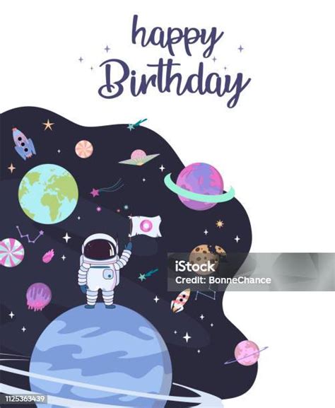 달콤한 공간 만화 포스터 환상 초콜릿 쿠키 사탕 도넛 캐 러 멜 과자 행성 및 우주 비행사와 생일에 대한 스톡 벡터 아트 및 기타 이미지 Istock