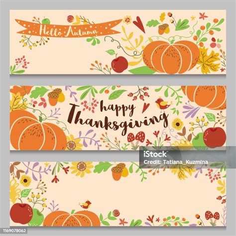 가을 배너는 수평으로 설정합니다 만화 스타일 에서 세 가지 템플릿 손으로 그린 호박 숲 가을 꽃 새 귀여운 벡터 추수감사절에 대한 스톡 벡터 아트 및 기타 이미지 Istock