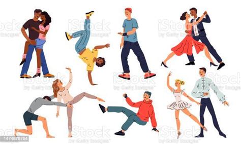 춤추는 커플 캐릭터 수행 무대 의상을 입은 남자와 여자 현대 스포츠 댄스 볼룸 안무 발레와 탱고 댄서 클럽 엔터테인먼트 화려한 벡터 세트 개체 그룹에 대한 스톡 벡터 아트