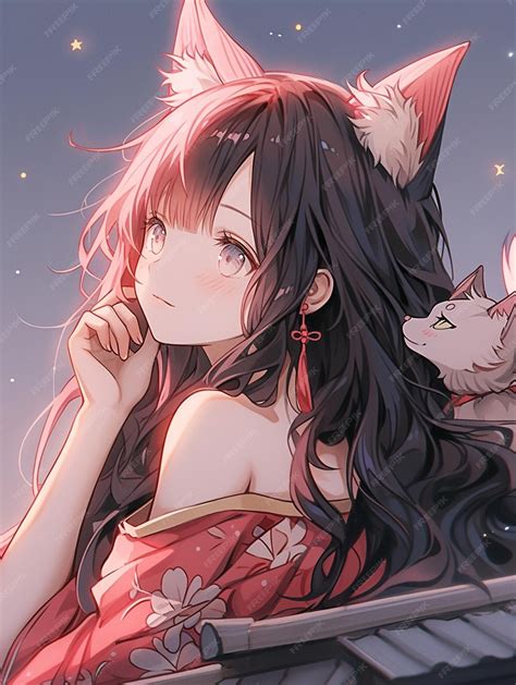 Premium Photo Anime Girl With Long Hair And Cat Ears Sitting On A
