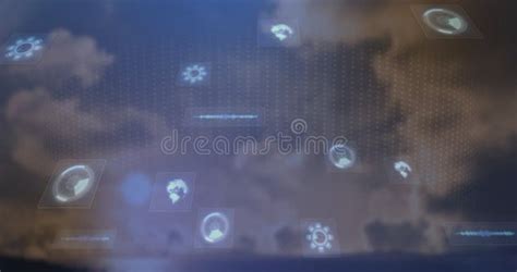 digital icons and data processing animation over cloudy sky background