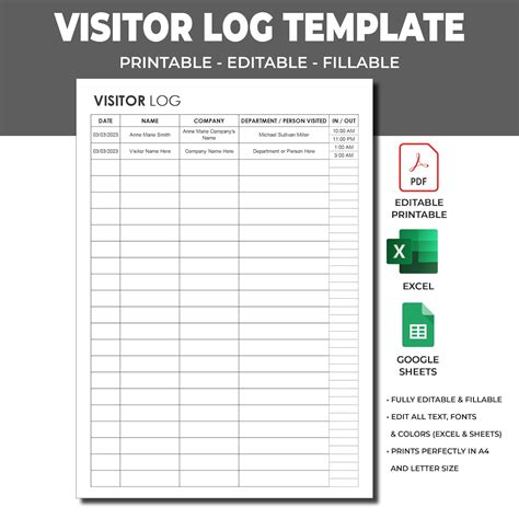 Editable And Printable Visitor Log Visitor Sign In Sign Out Sheet