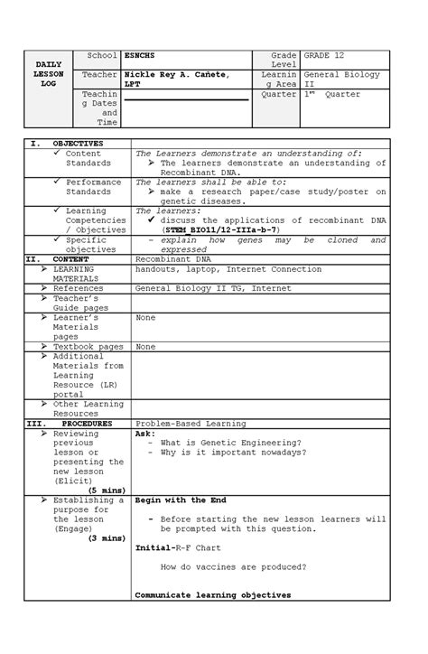 Dlp For Pbl Lesson Plan In General Biology Problem Based Learning Daily Lesson Log School