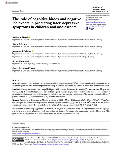 Pdf The Role Of Cognitive Biases And Negative Life Events In Predicting Later Depressive