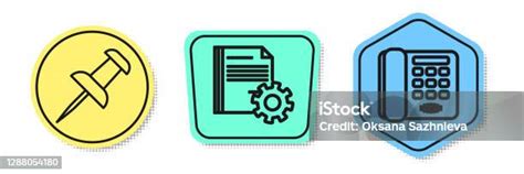 세트 라인 푸시 핀 기어 및 전화와 문서 설정 컬러 셰이프입니다 벡터 기어 기계 부분에 대한 스톡 벡터 아트 및 기타 이미지