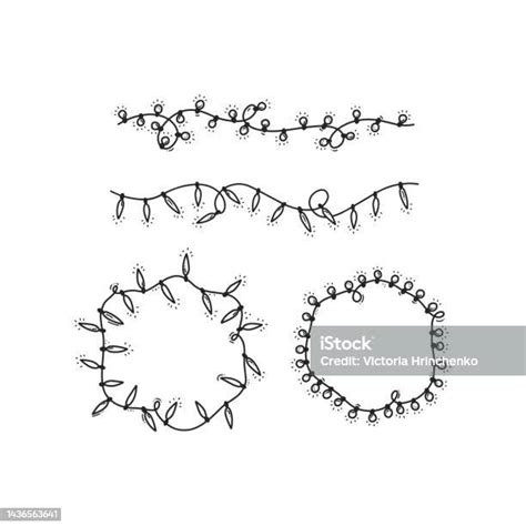 손으로 그린 크리스마스 화환 Ligths 및 장식의 검은 윤곽선 세트 겨울 휴가 디자인 요소 흰색 배경에 고립 된 낙서 벡터 일러스트레이션 가방에 대한 스톡 벡터 아트 및