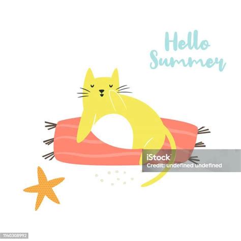 귀여운 손으로 그린 고양이 해변에 여름 시간입니다 고립 된 스칸디나비아 만화 그림입니다 가축에 대한 스톡 벡터 아트 및 기타 이미지 Istock