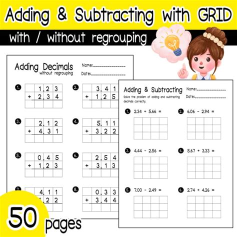 Adding And Subtracting Decimals With Grid With Without Regrouping Worksheets