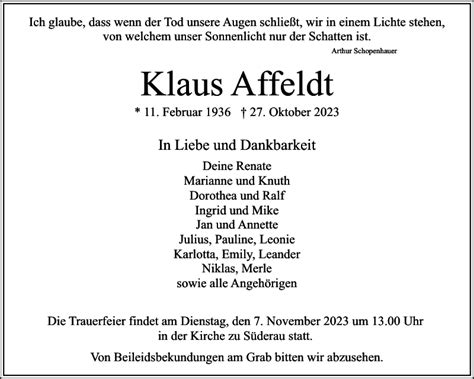 Traueranzeigen Von Klaus Affeldt Shz Trauer