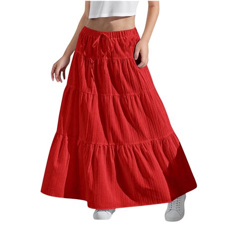 Cethrio Girls Maxi Skirts Tiered Dancing A Line High Waist Summer Skirts Red Size 10 12