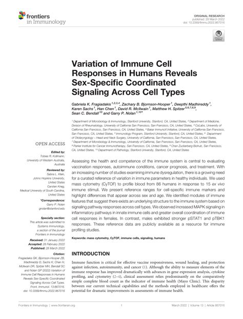 Pdf Variation Of Immune Cell Responses In Humans Reveals Sex Specific Coordinated Signaling