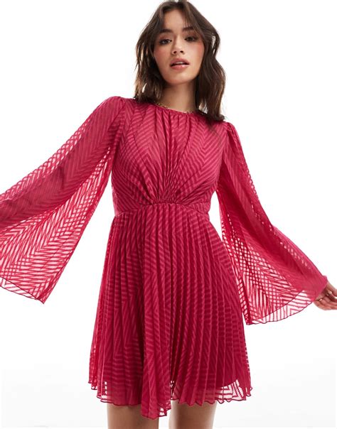 Asos Design Tie Back Fluted Sleeve Pleated Chevron Chiffon Mini Dress