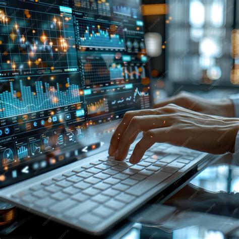 Hands Typing On A Keyboard With Digital Graphics Holographic And Data Visualization Hovering