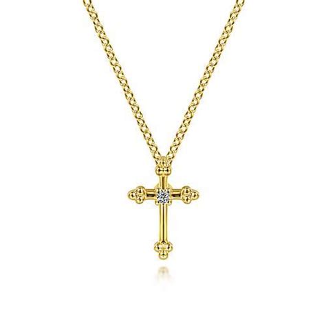 14k Yellow Gold Beaded Diamond Cross Pendant Necklace Pauls Jewelry