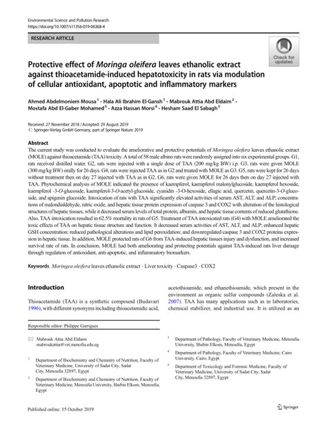 Pdf Protective Effect Of Moringa Oleifera Leaves Ethanolic Extract Against Thioacetamide