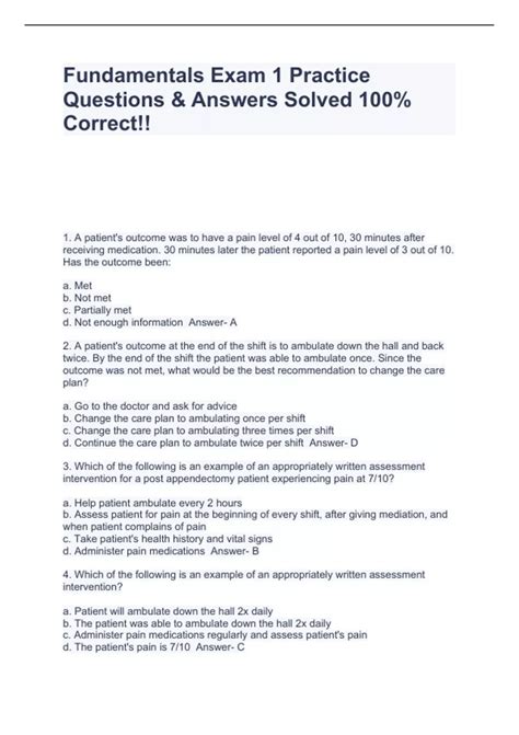 Fundamentals Exam 1 Practice Questions And Answers Solved 100 Correct Fundamentals Of Nursing