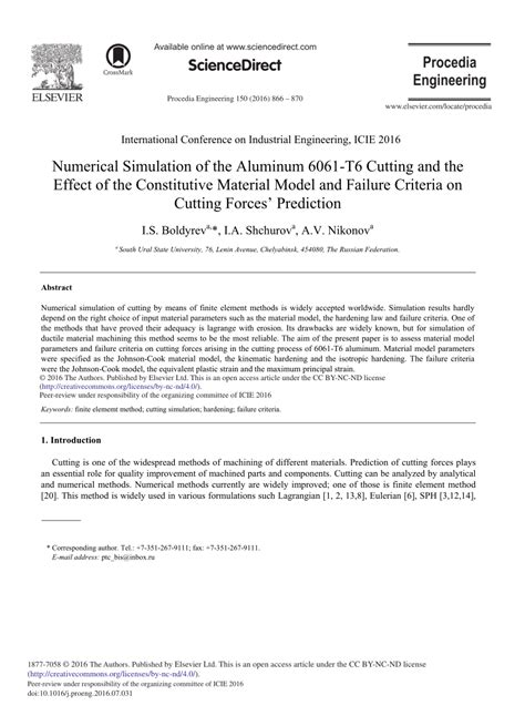 Pdf Numerical Simulation Of The Aluminum 6061 T6 Cutting And The