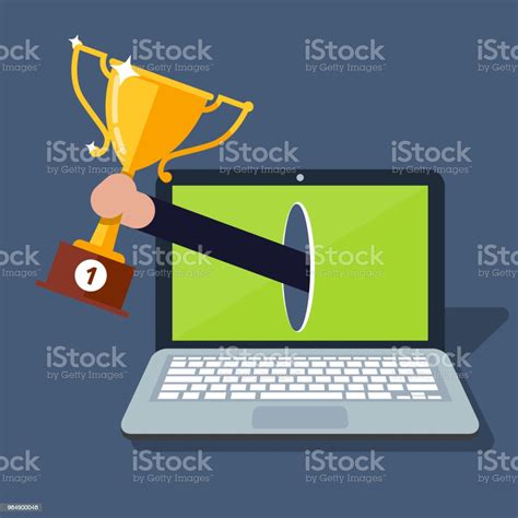 온라인 보너스 목표 업적입니다 노트북 컴퓨터와 성공 우승자 골드 컵 상입니다 전자 보상입니다 첫번째 장소 승리 디지털 공모전 수상작입니다 인터넷 챔피언 아이콘 이미지입니다