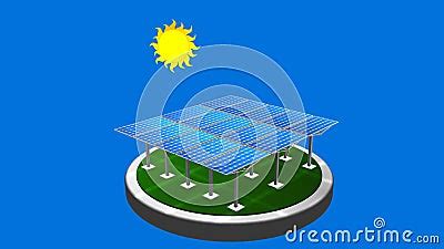 D Animation Of A Group Of Solar Panels Following The Path Of The Sun With Blue Background Stock