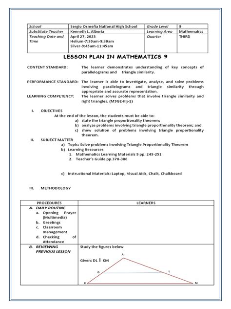 Lesson Plan April 27 2023 Triangle Proportionality Theorem Pdf