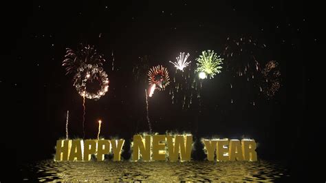 Fireworks Firing From Water Surface And Exploding On Night Sky With Happy New Year Glowing Text ...