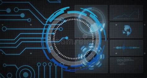 Animation Of Motherboard Network And Circular Scanner Processing Over Charts And Globe On Black