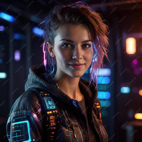 Premium Photo Futuristic Scifi Cyberpunk Hacker Woman Analyzing Informaion With Modern Data