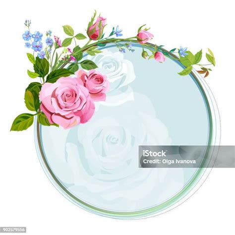 꽃 조성 꽃다발 핑크 장미 블루 물 망 초 새싹 녹색 줄기 꽃 흰색 배경 디지털 그리기 그림 디자인 빈티지 벡터에 대 한 개념에