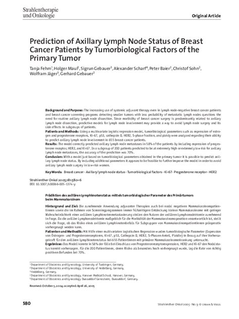 Pdf Prediction Of Axillary Lymph Node Status Of Breast Cancer Patients By Tumorbiological