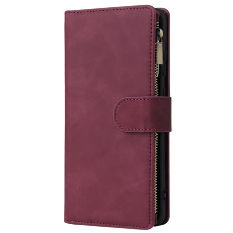 갤럭시 S20 울트라 다기능 수평 플립 가죽 케이스 카드 슬롯 및 홀더 및 지퍼 지갑 및 포토 프레임 레드 와인