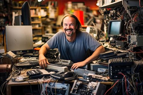 Small Business Success Happy Computer Repair Store Owner Solving Hardware Problems With